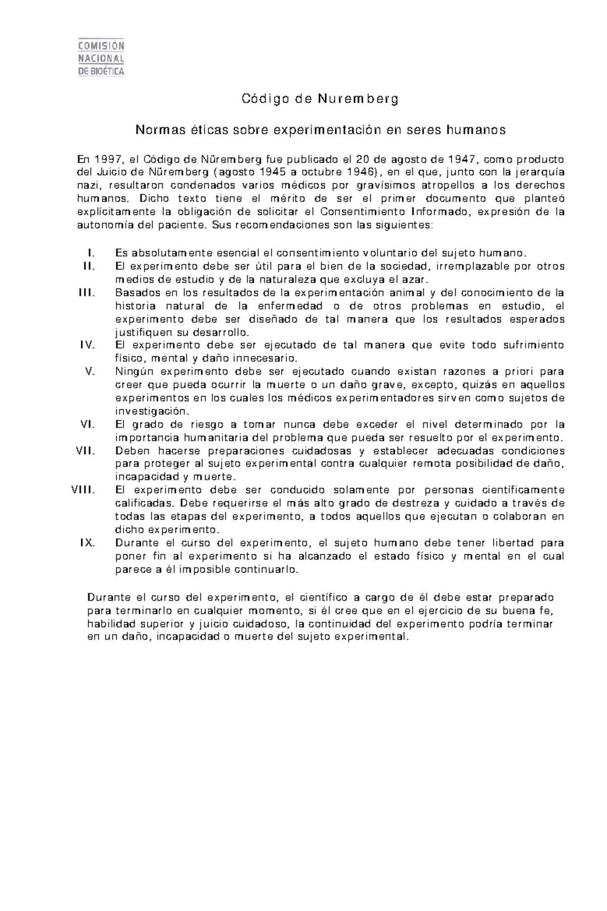 Código de Nuremberg: Normas Éticas en Experimentación Humana - Studocu