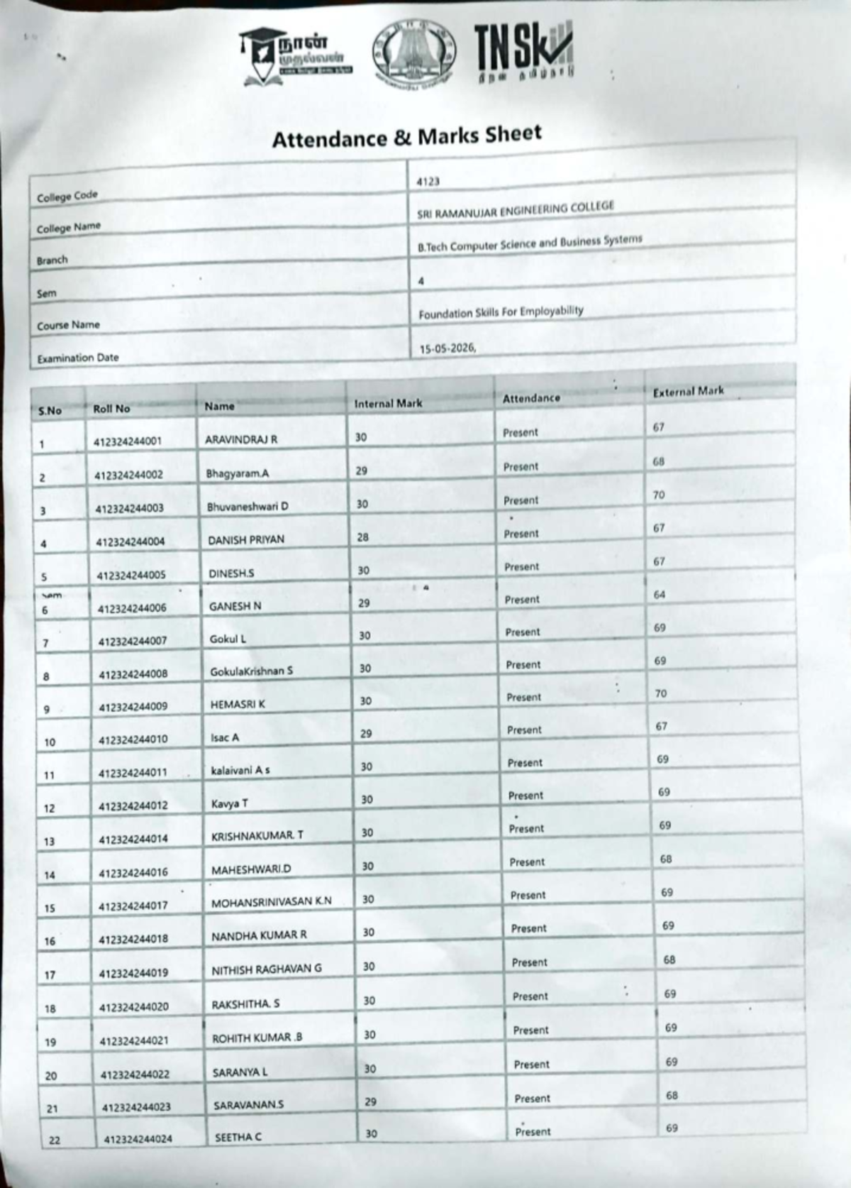 Attendance Marks Sheet for Employability Skills - NM(CSBS) - Studocu