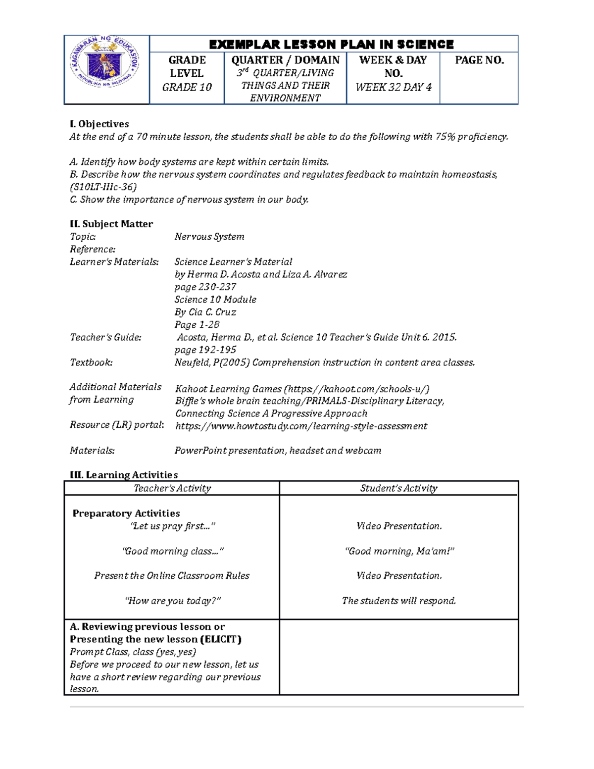 Grade 10 Nervous System Lesson Plan (3rd Quarter, Week 32) - Studocu