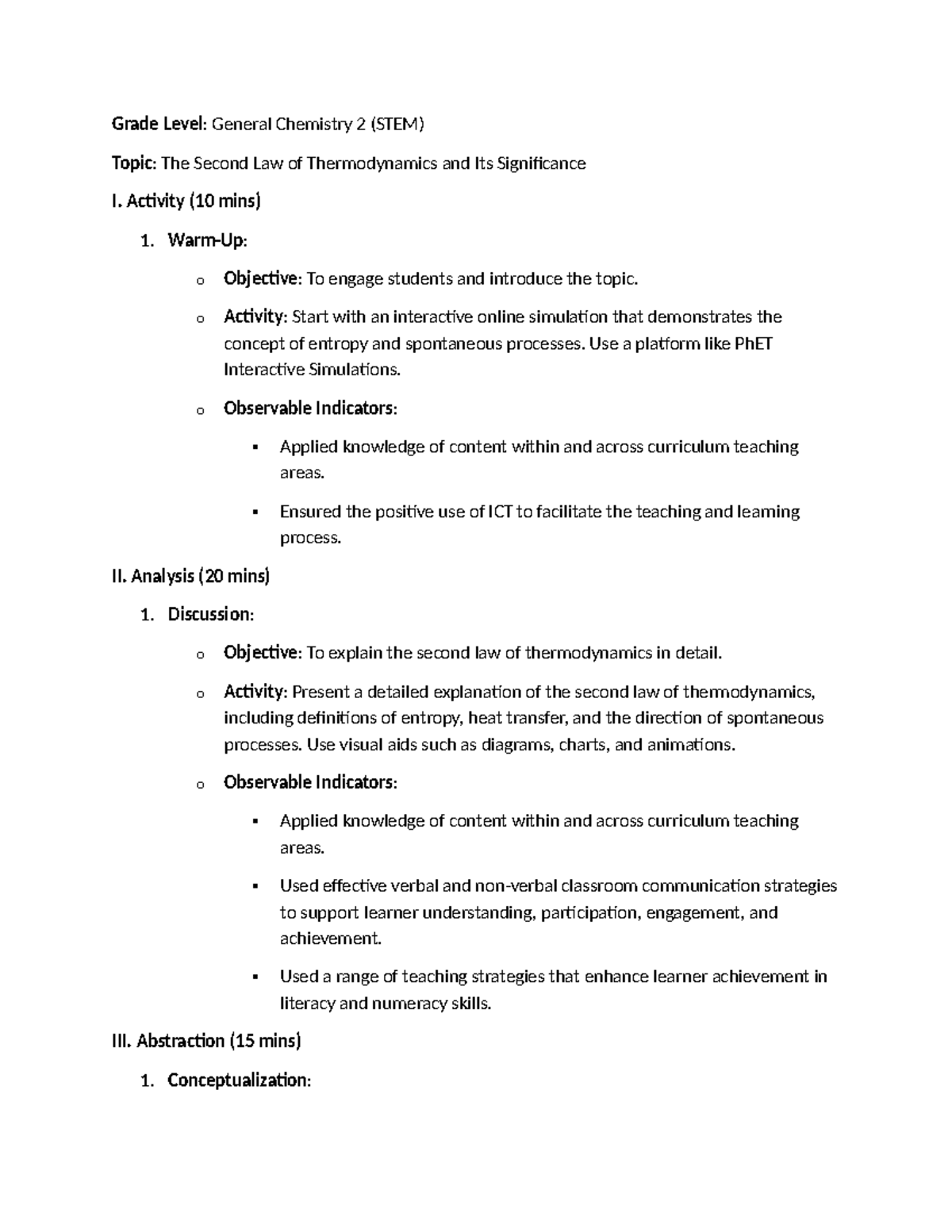 General Chemistry 2 (STEM) Lesson Plan: Second Law of Thermodynamics ...