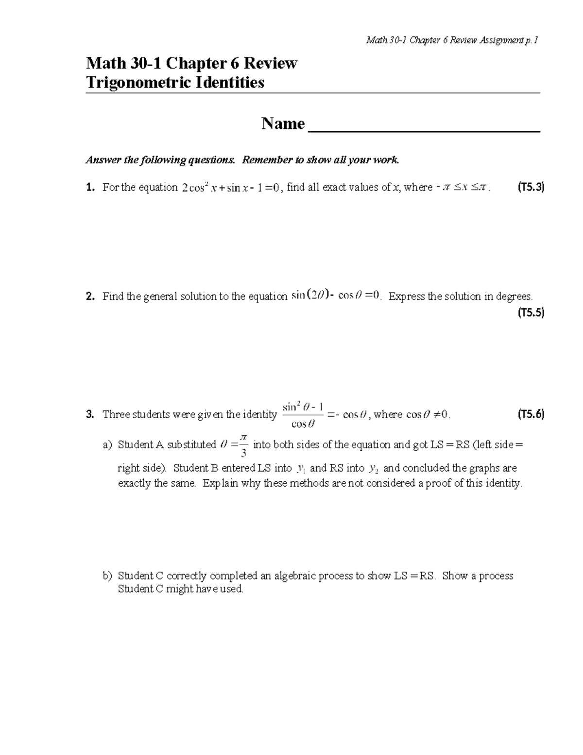 Math 30-1 Chapter 6 Review: Trigonometric Identities & Proofs - Studocu