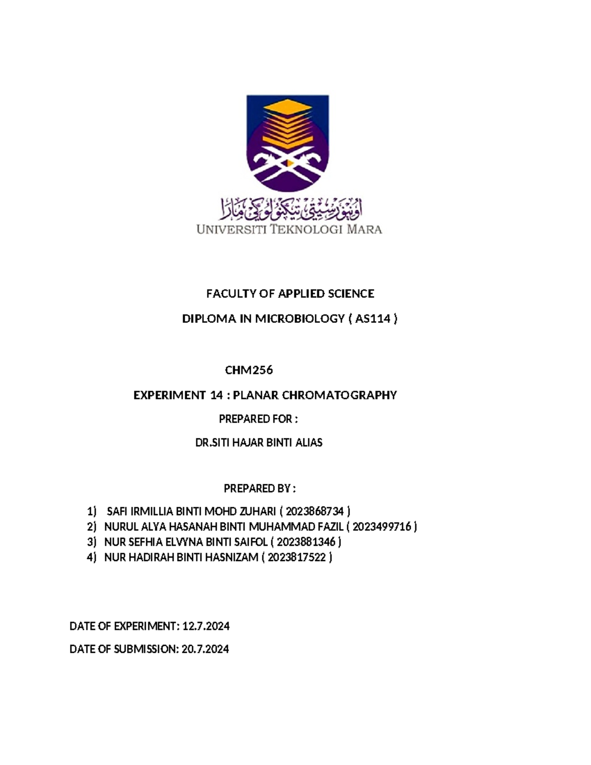 Lab Report CHM256 - Experiment 14: Paper Chromatography Analysis - Studocu