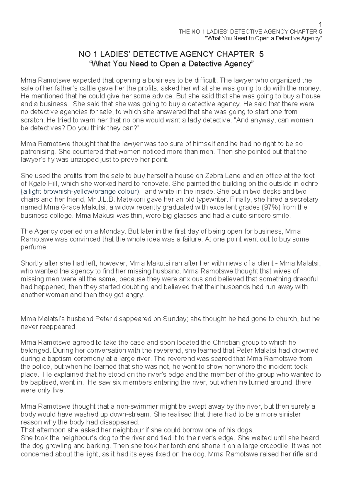 No. 1 Ladies' Detective Agency: Chapter 5 Insights & Analysis - Studocu