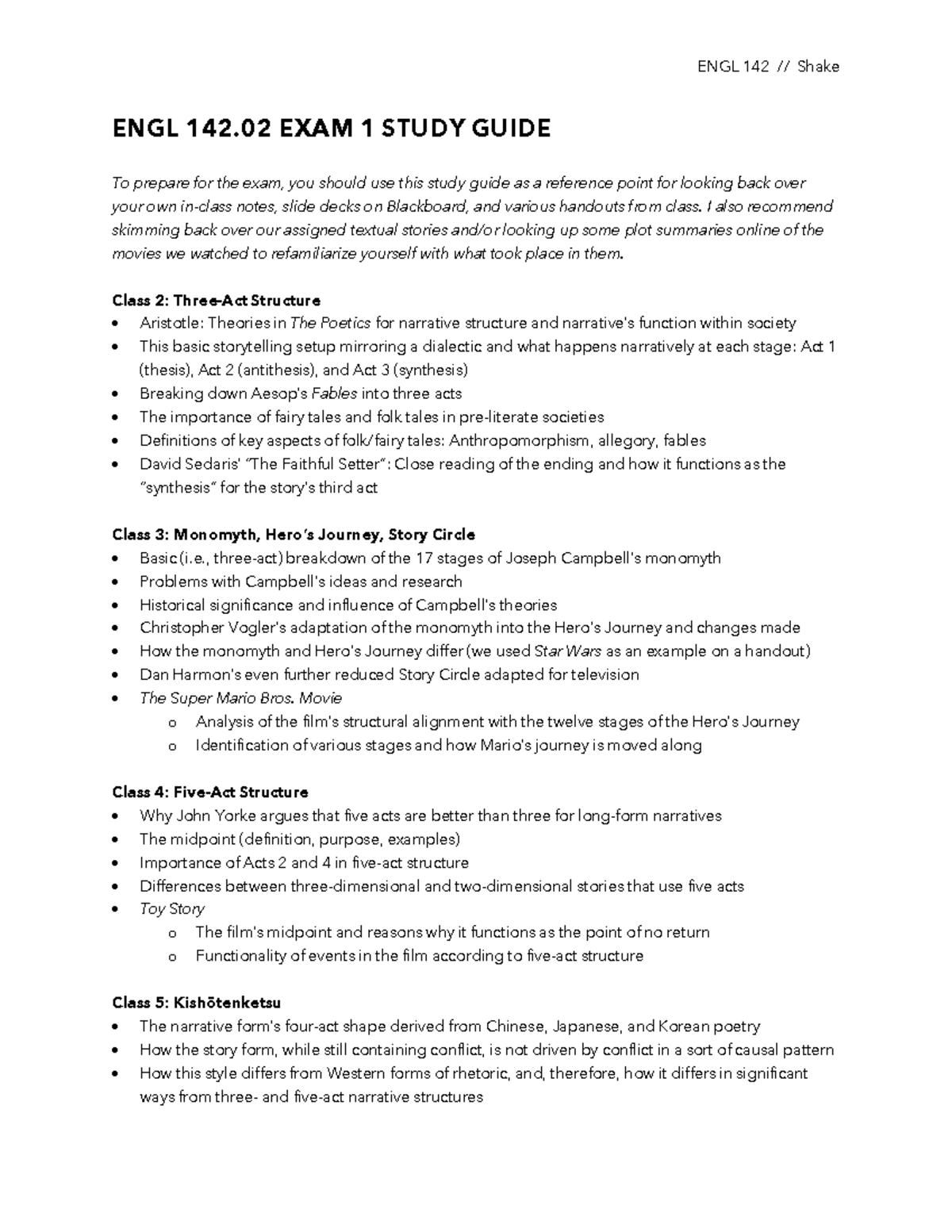 ENGL 142.02 Final Exam Study Guide: Narrative Structures & Theories ...