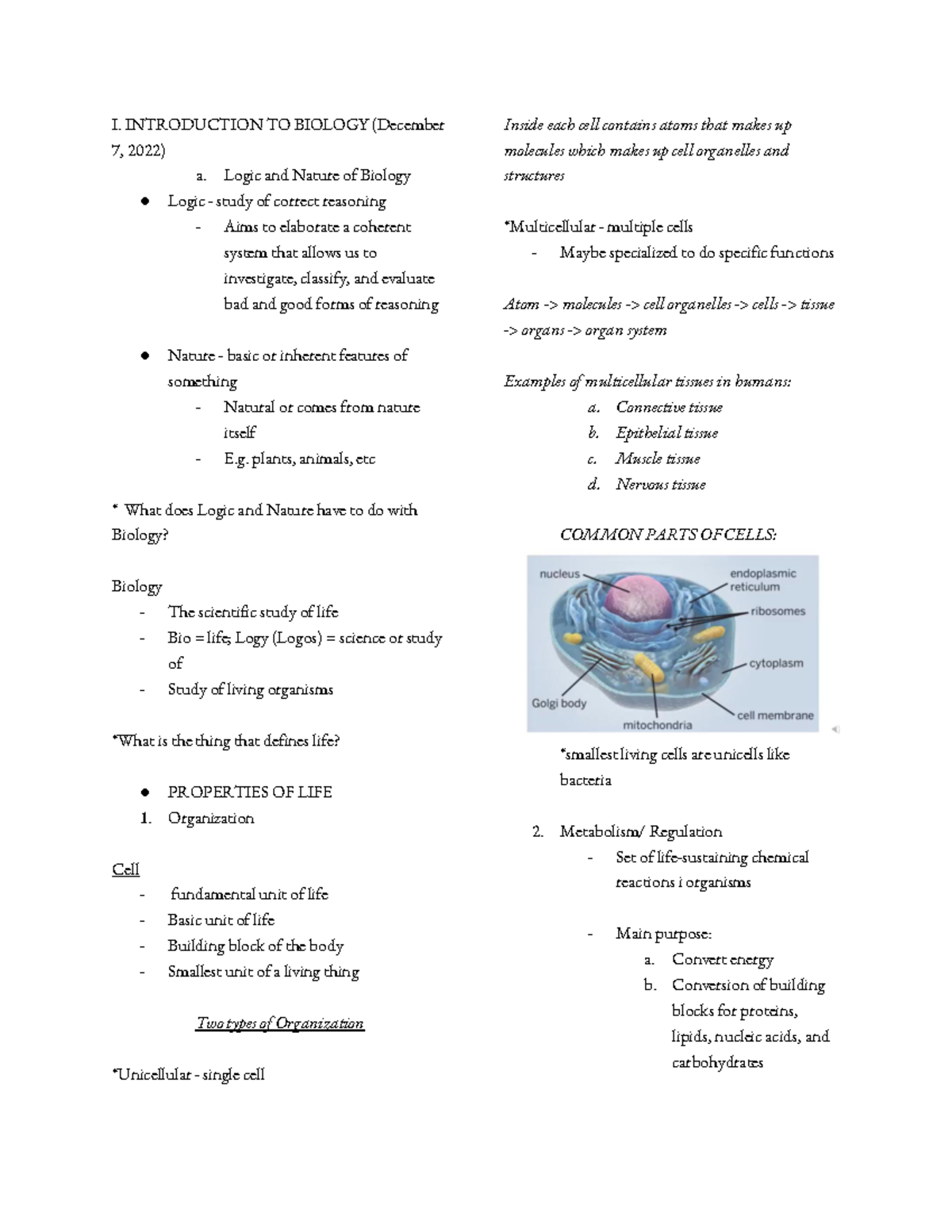 Biology Lesson 1 - I. INTRODUCTION TO BIOLOGY (December 7, 2022) a ...