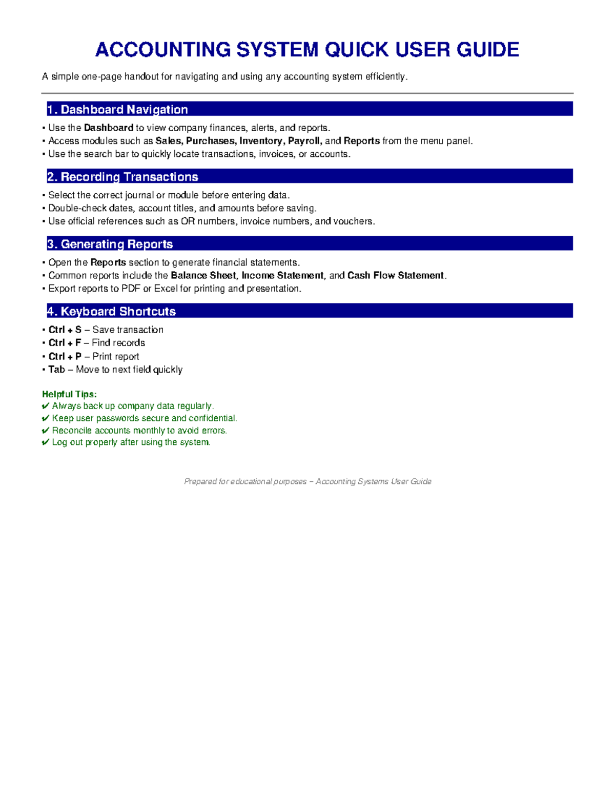 Accounting System User Guide: Quick Navigation & Tips - Studocu
