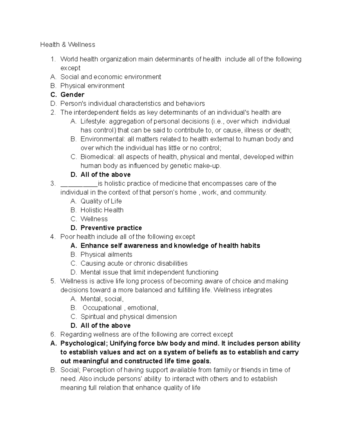 Health & Wellness: 50 Multiple Choice Questions (MCQs) - Studocu