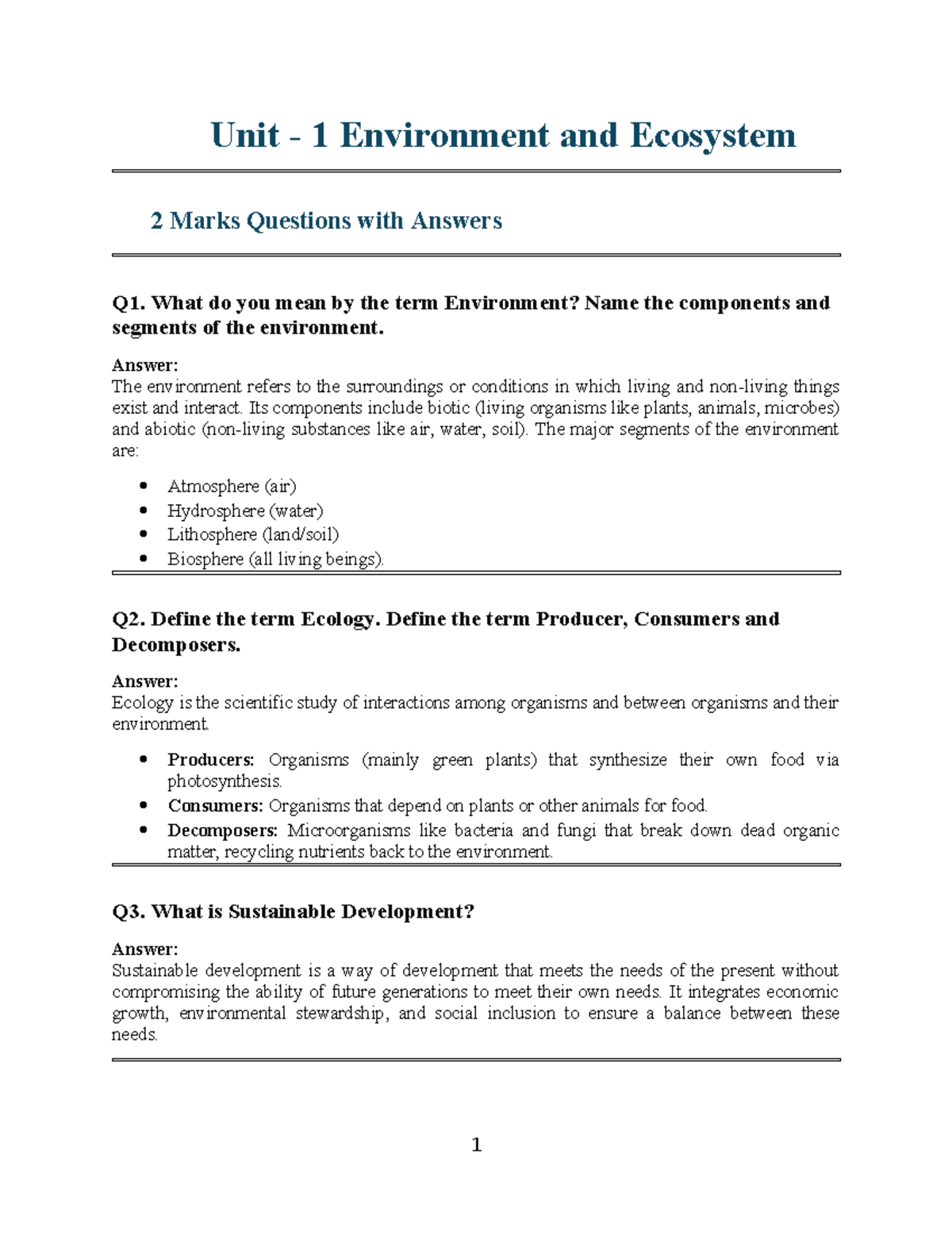 Unit 1: Environment and Ecosystem - 2 Marks & 7 Marks Q&A - Studocu