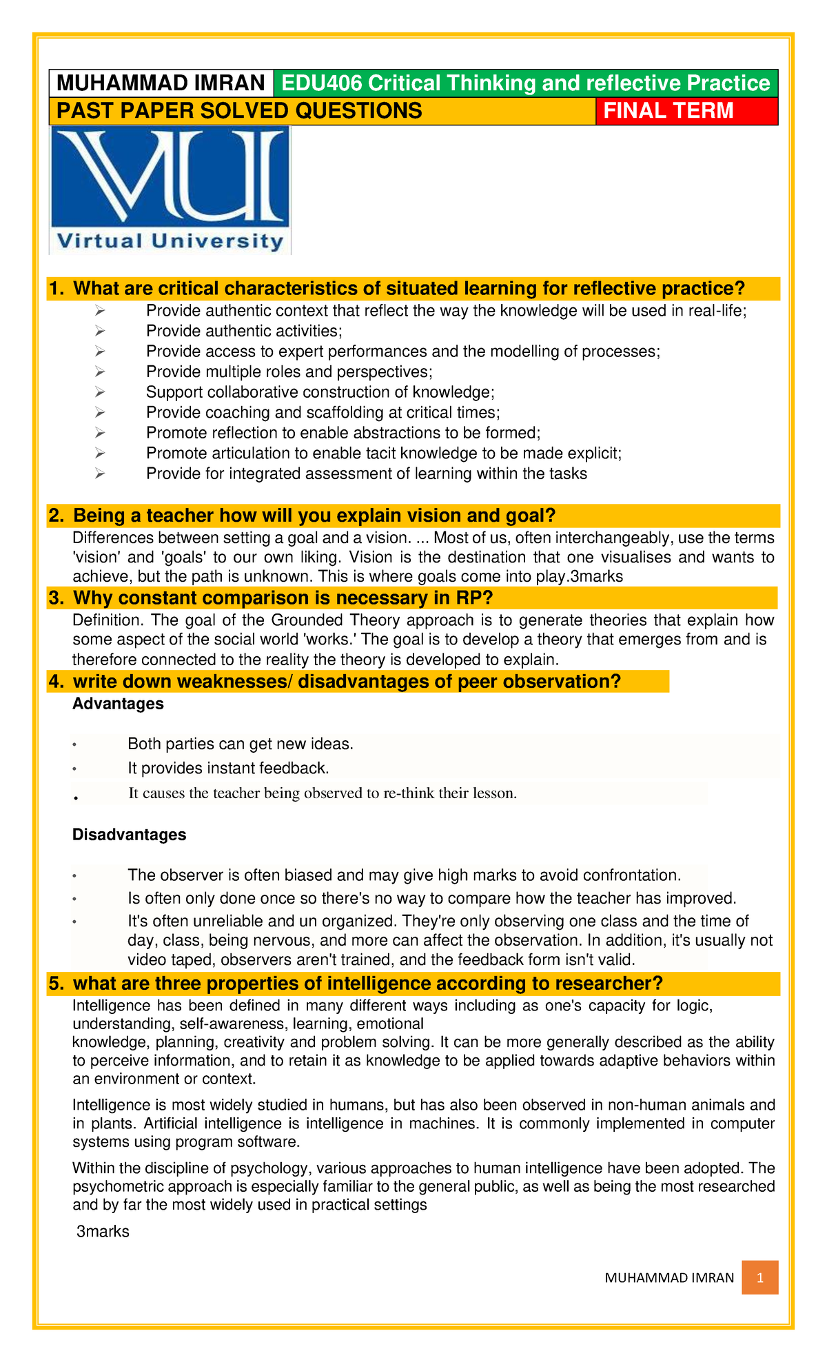 EDU406 Final Exam: Critical Thinking & Reflective Practice Past Paper ...