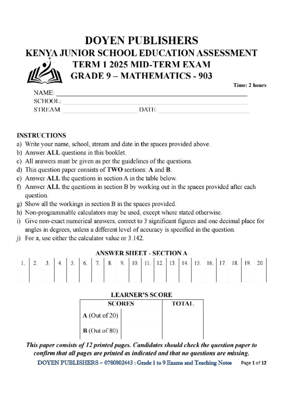 Grade 9 Mathematics Term 1 2025 Mid-Term Exam Paper - Studocu
