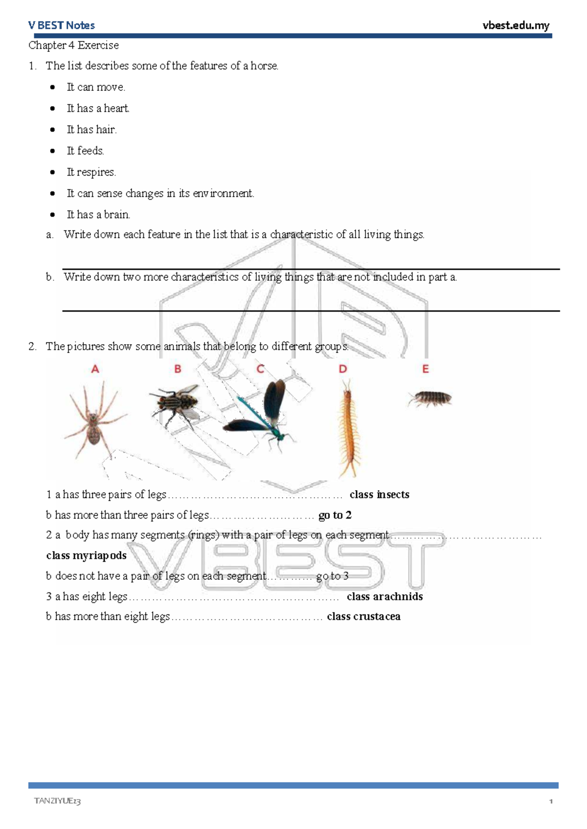 Ch4 Exercise: Characteristics of Living Things and Species ...
