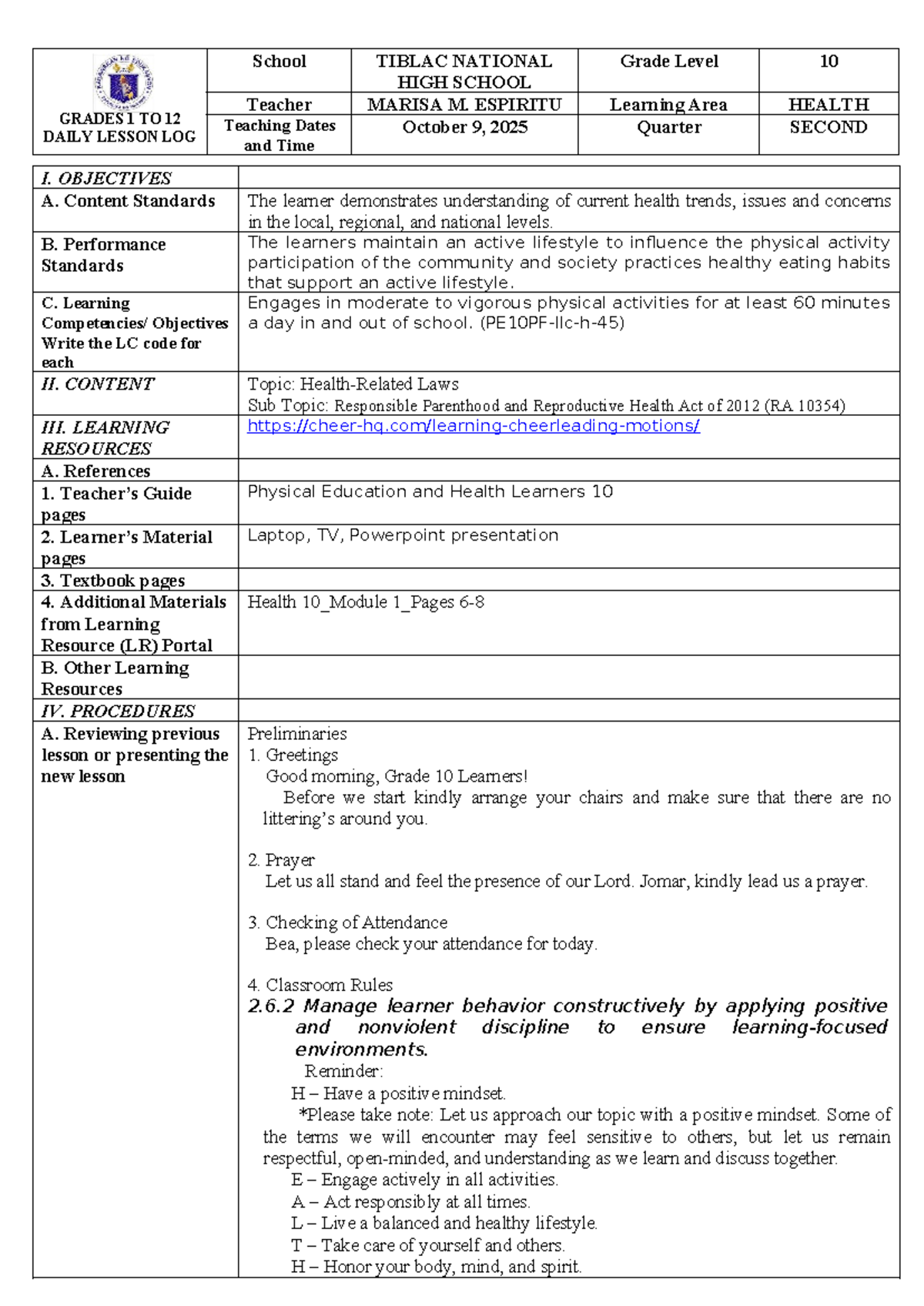 2nd COT-G10 Daily Lesson Log: Responsible Parenthood & RH Law - Studocu