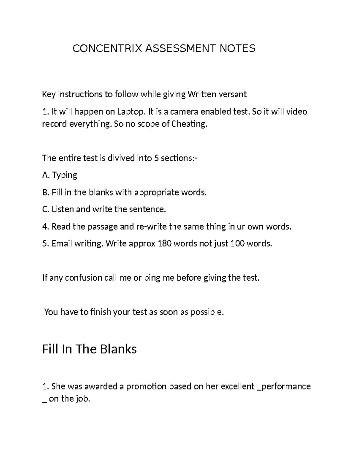 Concentrix Assessment Notes: Key Instructions for Written Versant Test ...