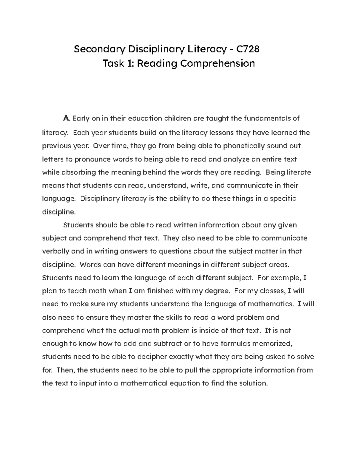 C728 Task 1: Understanding Disciplinary Literacy in Reading - Studocu