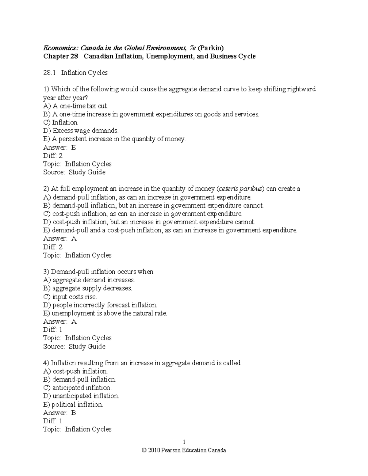 Economics 7e (Parkin) Chapter 28: Canadian Inflation & Unemployment ...