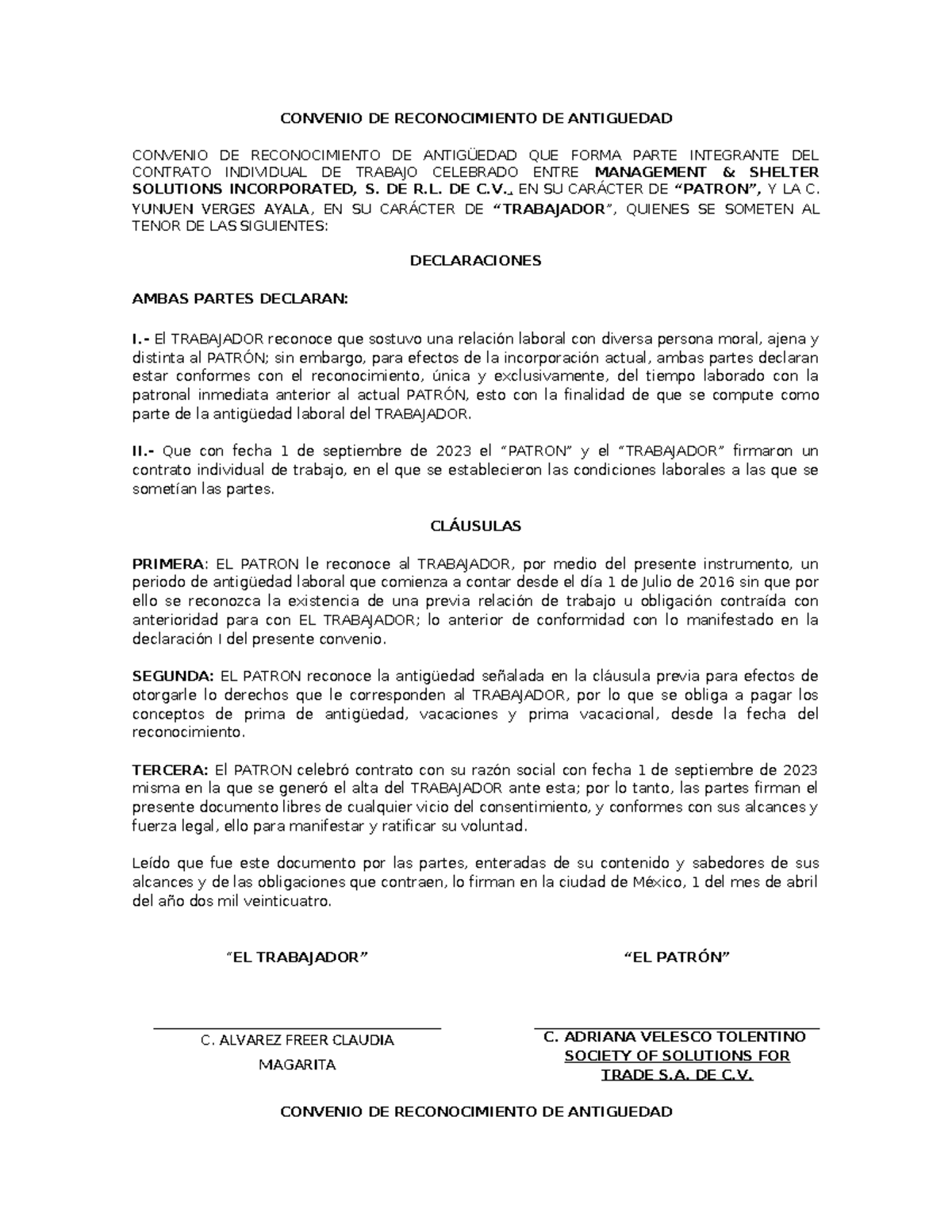 Convenio de Reconocimiento de Antigüedad para Contrato Laboral - Studocu