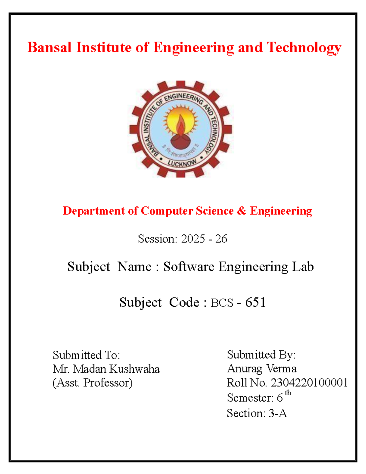 SE Front Page - software engineering - B.Tech CSE (3rd Year) - Bansal ...