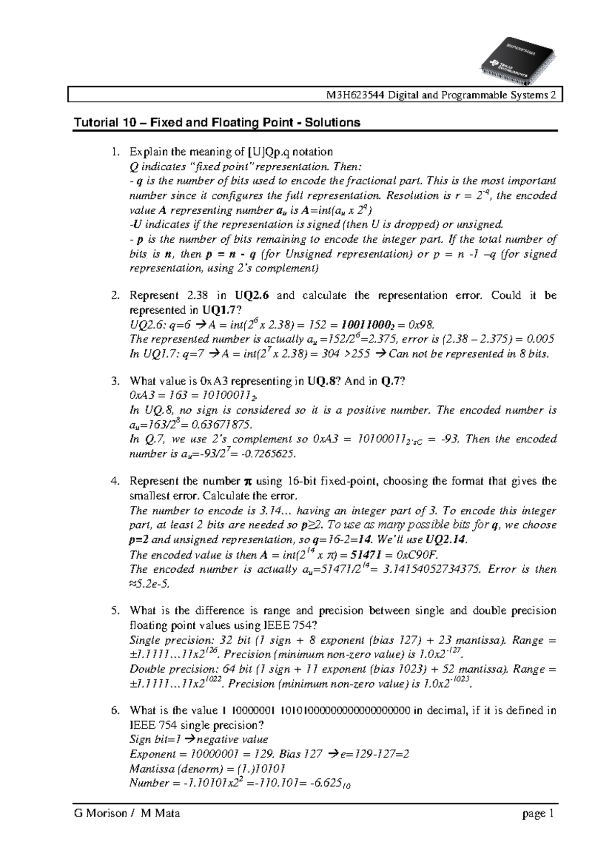 Tut 10 floating point solutions - M3H623544 Digital and Programmable ...