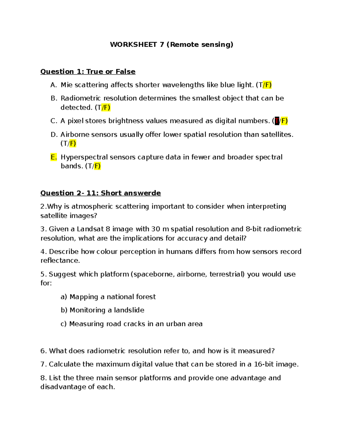 Worksheet 7 - Remote Sensing Practice Questions and Answers - Studocu
