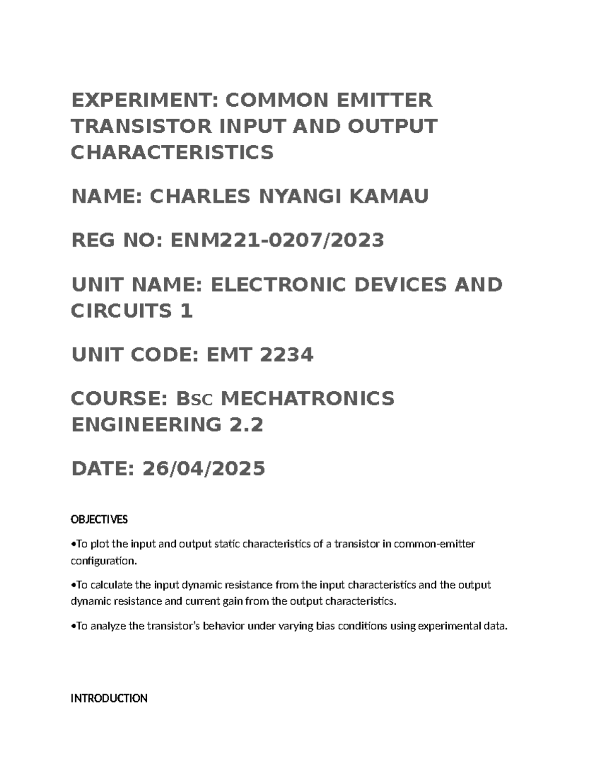 EMT 2234: Common Emitter Transistor Characteristics Analysis - Studocu