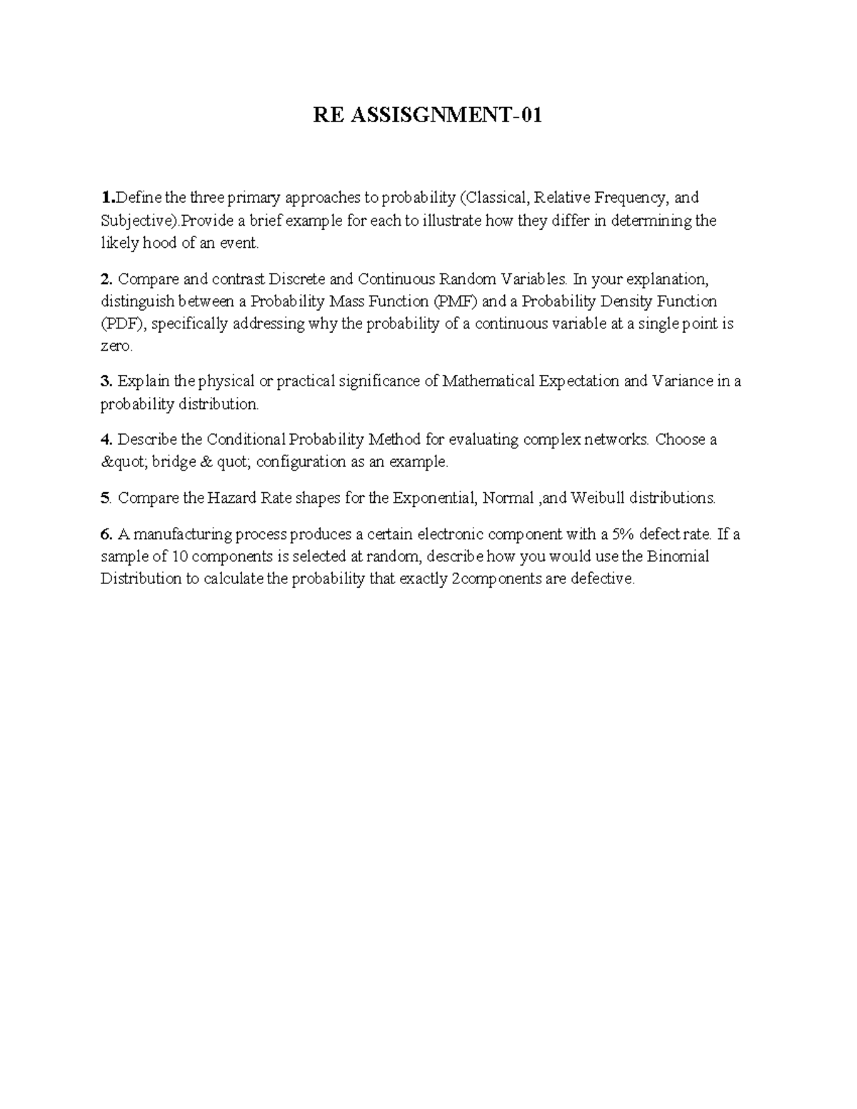 RE 1: Probability Approaches, Random Variables, and Distributions - Studocu