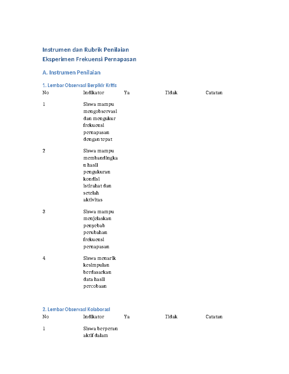 Instrumen dan Rubrik Penilaian Eksperimen Frekuensi Pernapasan - Studocu