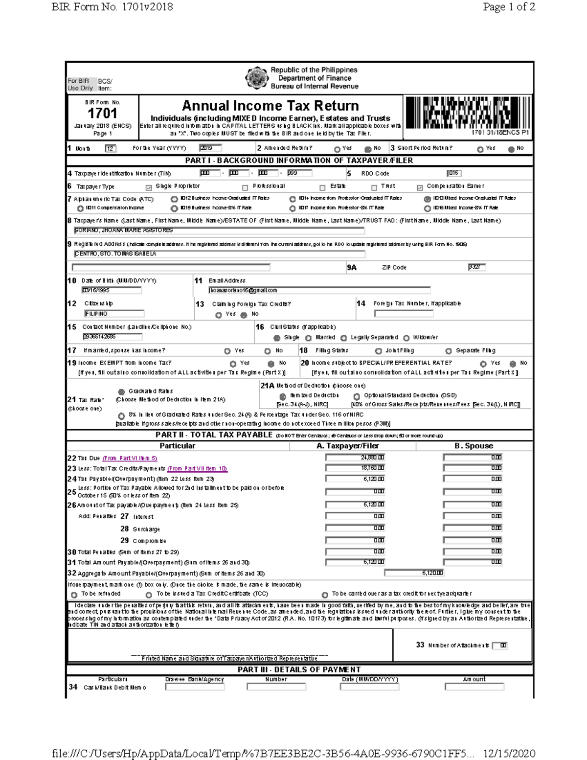 BIR form 1701 - BIR Form No. 1701 January 2018 (ENCS) Page 1 Annual ...