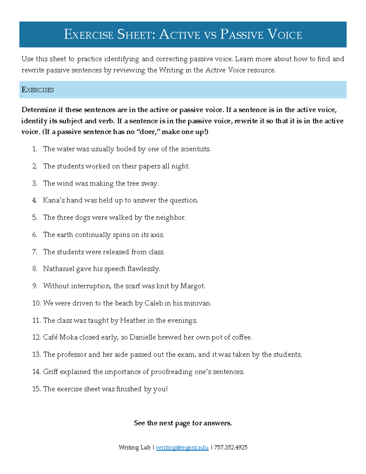 Regent Writing Lab: Active vs Passive Voice Exercise Sheet - Studocu