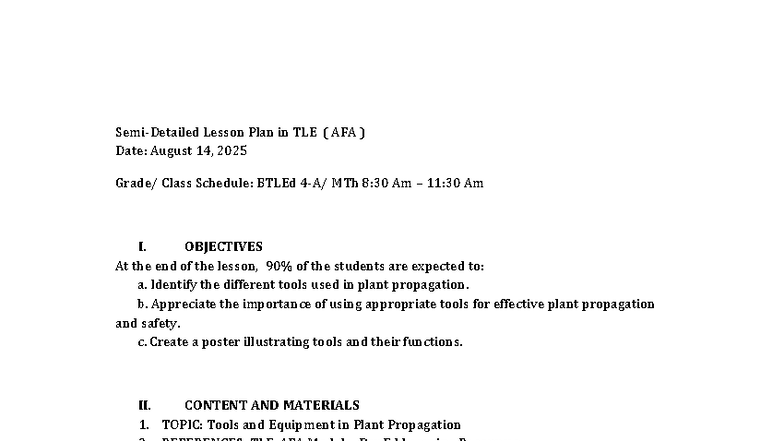 TLE Lesson Plan: Tools for Plant Propagation (AFA) - Studocu