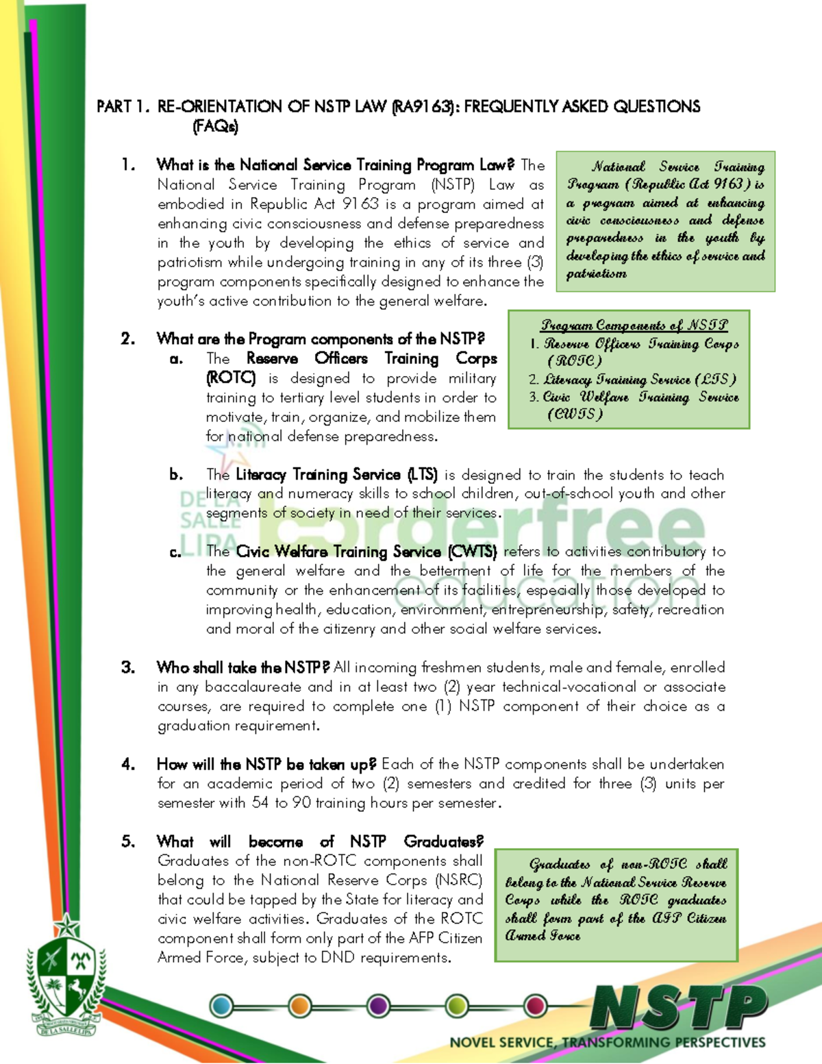 NSTP 2: Module 1 - Part 1 FAQs on RA 9163 and Program Components - Studocu