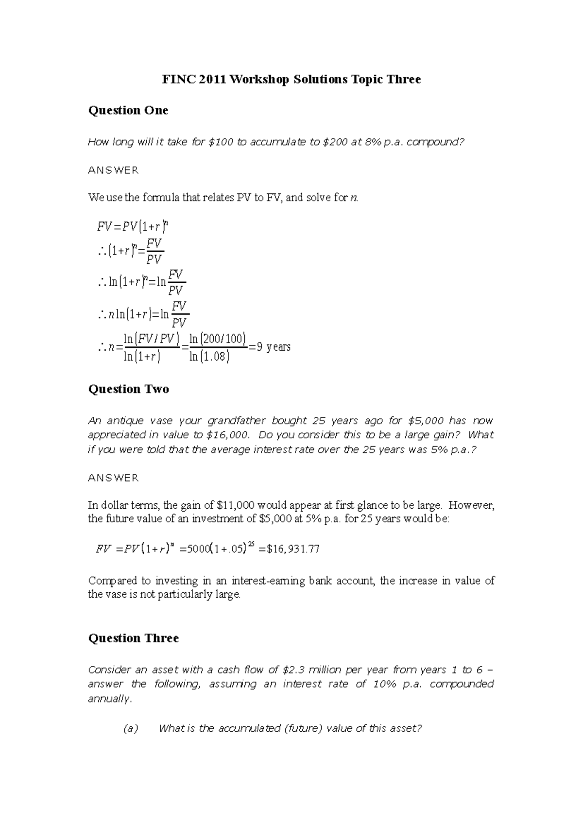 Topic 3 FINC 2011 Workshop Solutions - FINC 2011 Workshop Solutions ...