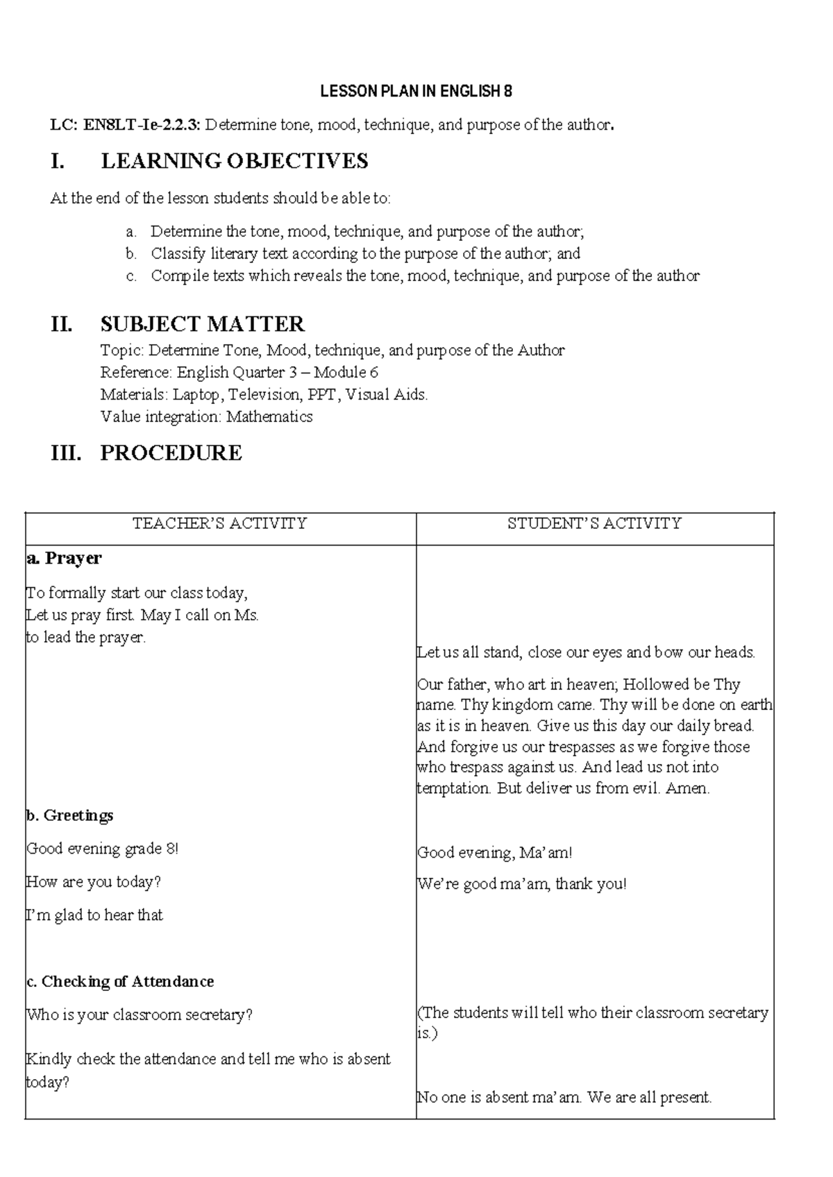 English 8 Lesson Plan: Analyzing Tone, Mood, Technique & Purpose - Studocu