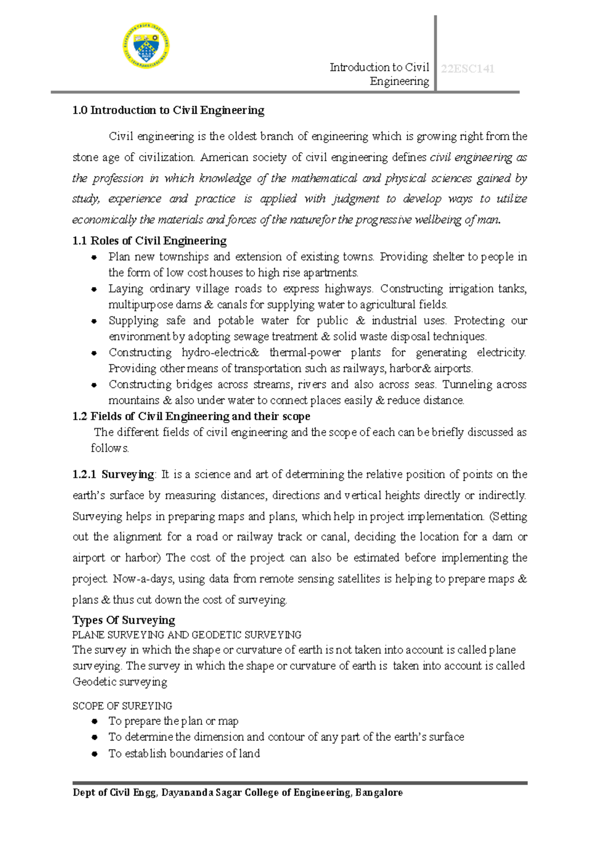Civil Engineering 22ESC: Comprehensive Module 1 Study Notes - Studocu