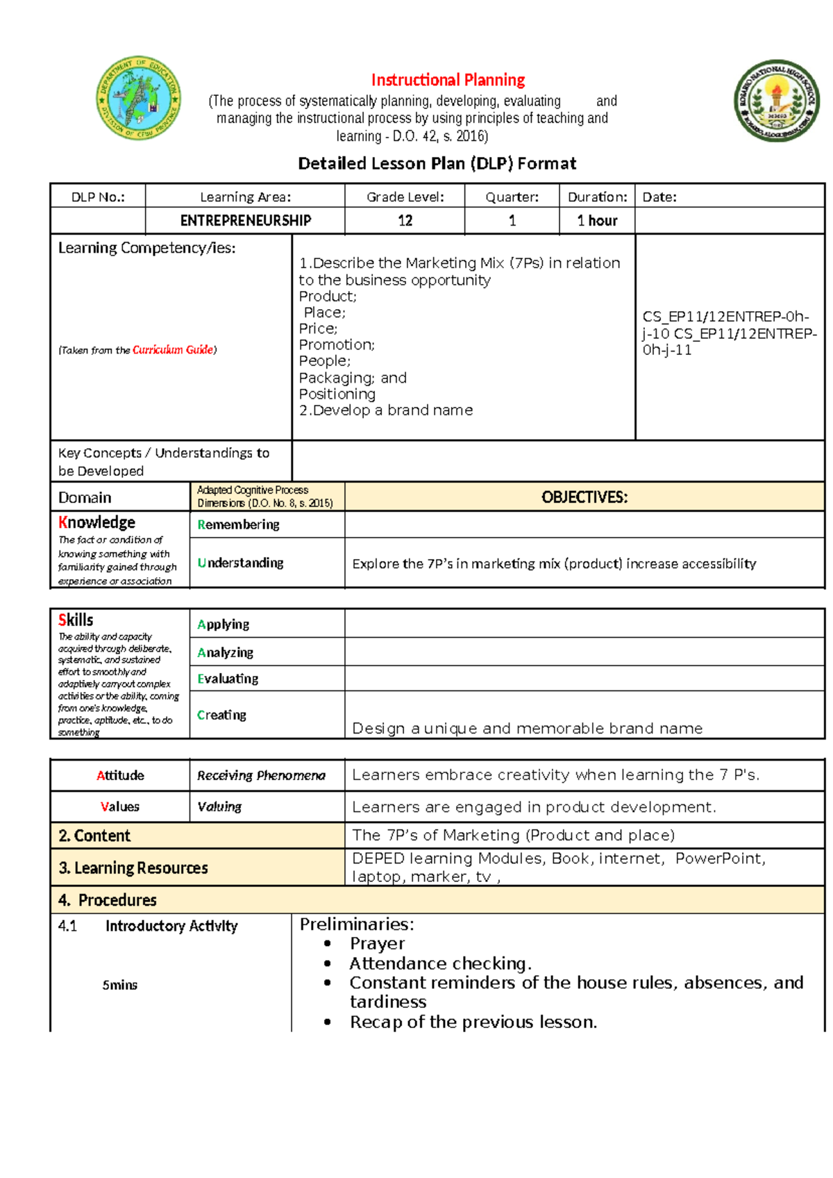 Detailed Lesson Plan (DLP) for Entrepreneurship 12: The 7Ps of ...