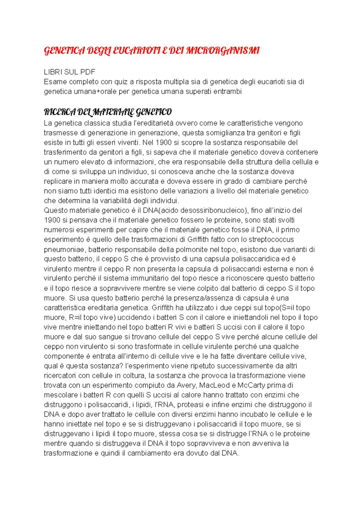 GENETICA DEGLI EUCARIOTI E DEI MICRORGANISMI - Esame Completo e Quiz ...