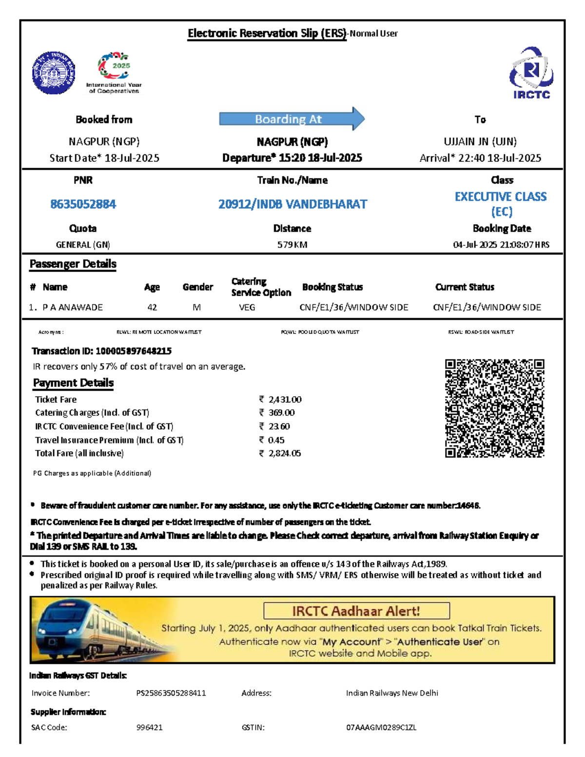 PNR 8635052884: Electronic Reservation Slip for NGP to UJN Train Travel - Studocu