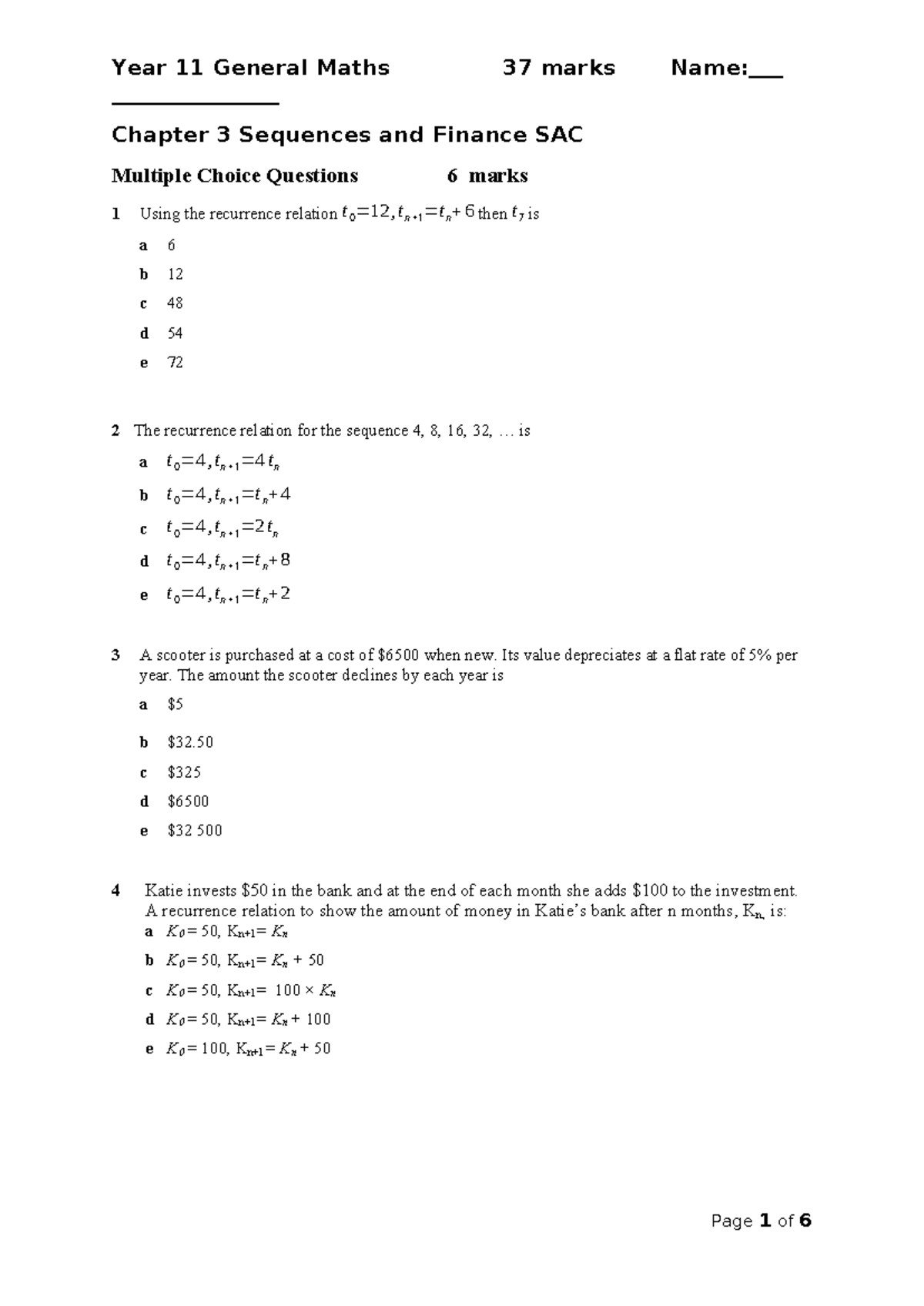 Year 11 General Maths 2024 Chapter 3 Sequences & Finance SAC - Studocu