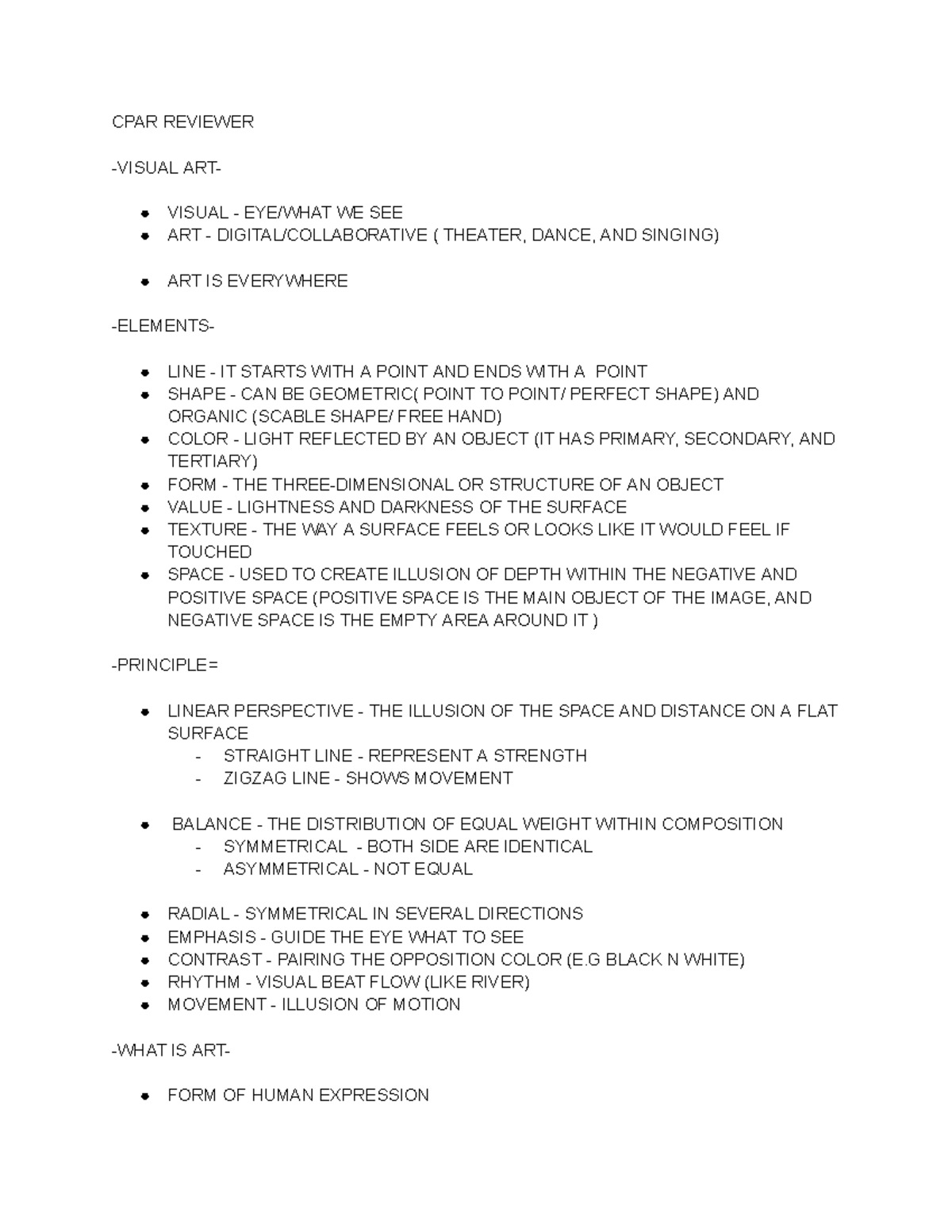 CPAR Reviewer: Visual Arts in Theater, Dance, and Music - Studocu