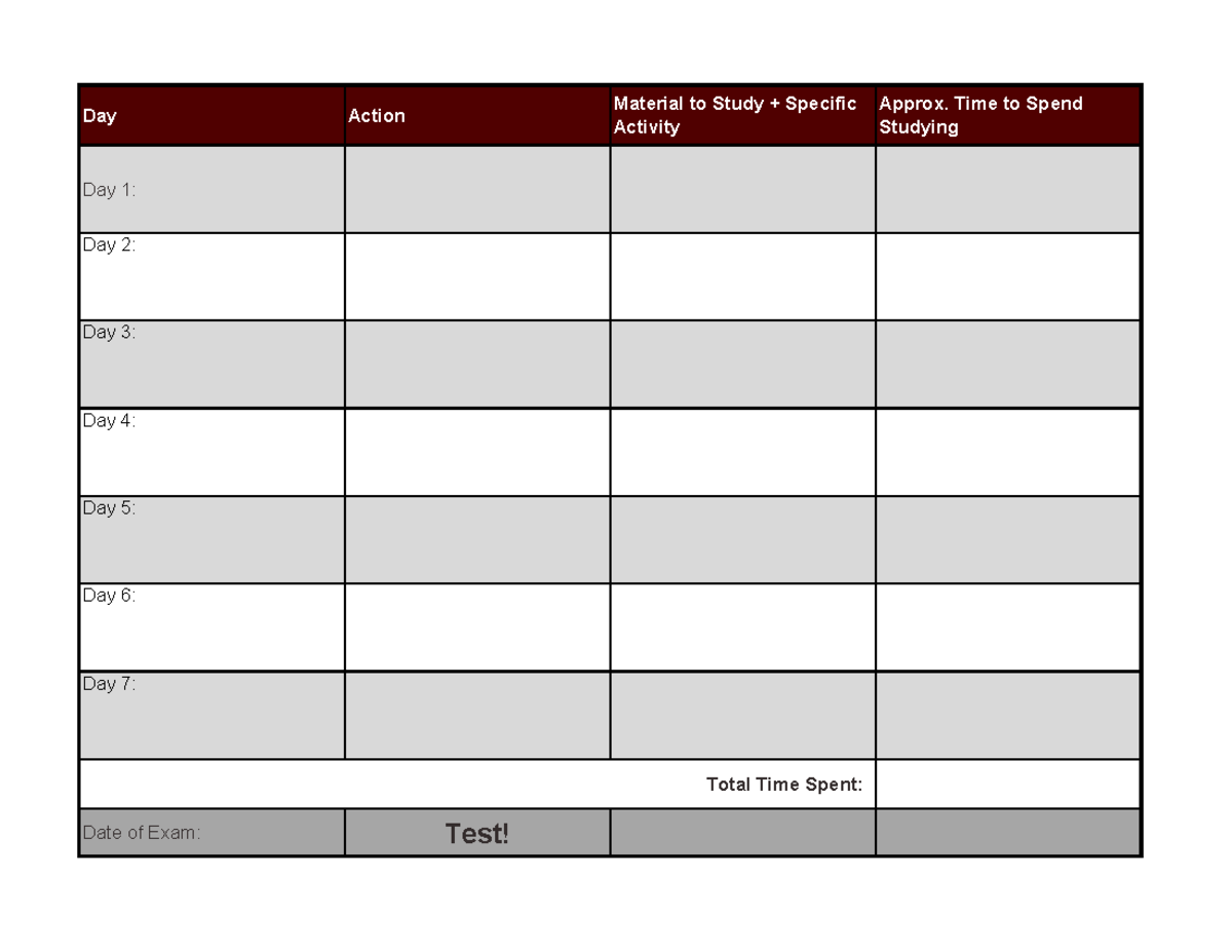 5 Day Study Plan Template - BIOL 111 - Day Action Material to Study ...