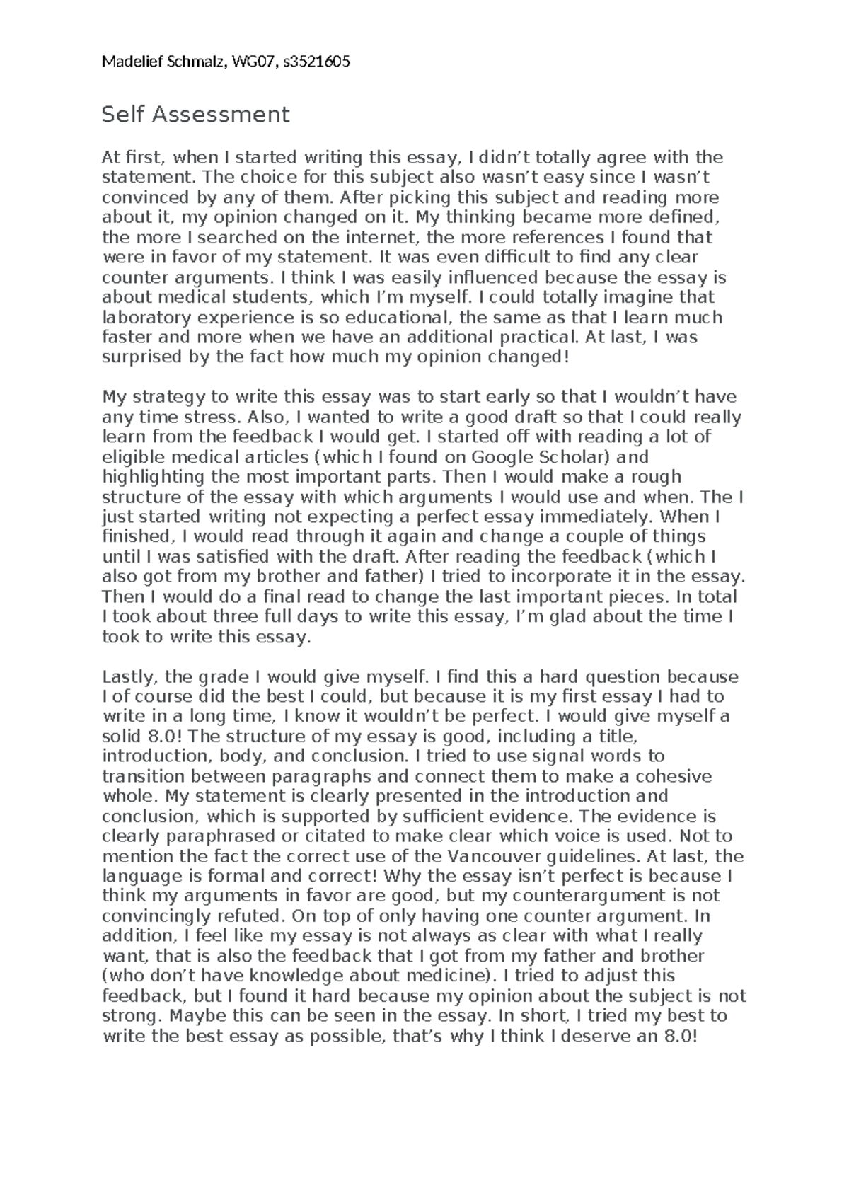 Self Assessment of Essay Writing - WG07 - Studeersnel