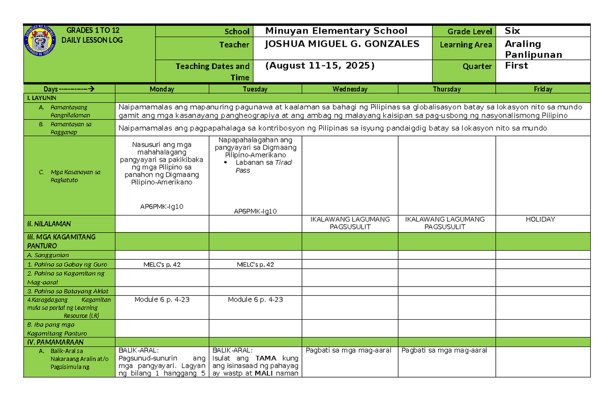 DLL AP WEEK 9 - DAILY LESSON LOG FOR GRADES 1 TO 12 - Studocu