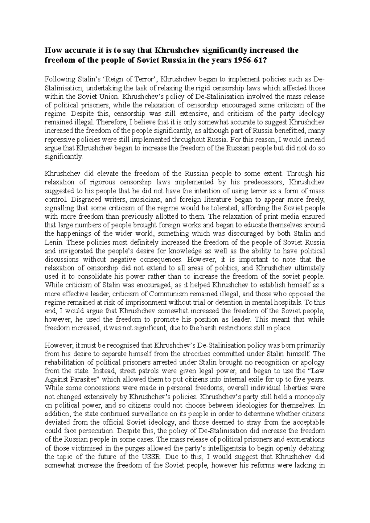 Khrushchev's Policies and Their Impact on Soviet Freedom (1956-61 ...