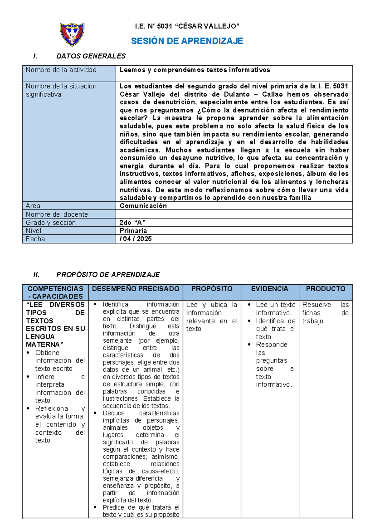 I.E. 5031 - Sesión de Aprendizaje: Leemos y Comprendemos Textos Informativos - Studocu
