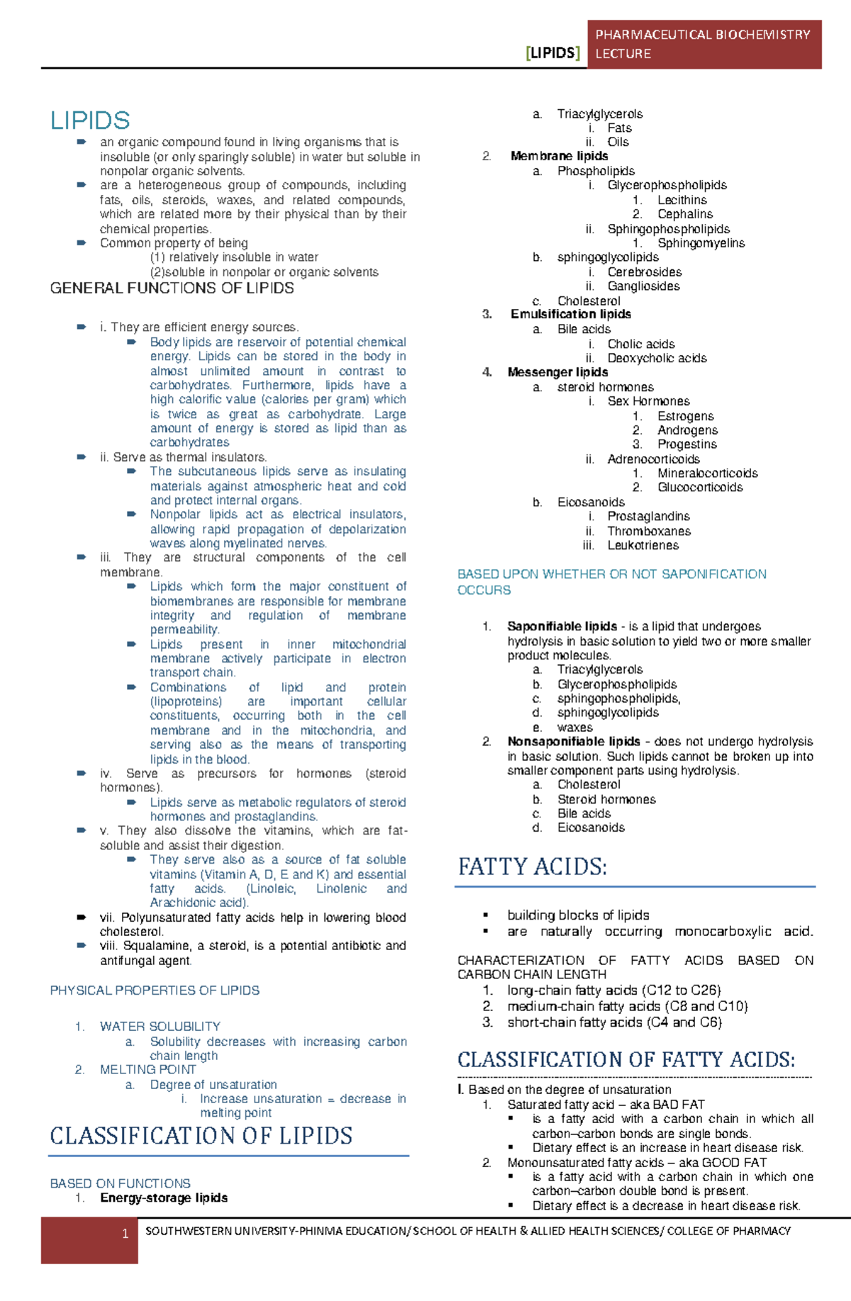 PHARMACEUTICAL BIOCHEMISTRY LECTURE: LIPIDS NOTES - Studocu