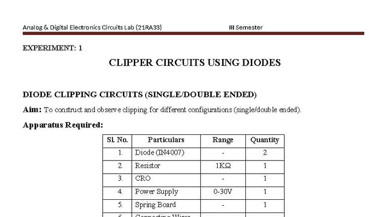 Analog & Digital Electronics Circuits Lab Manual (21RA33) - Experiment 1: - Studocu