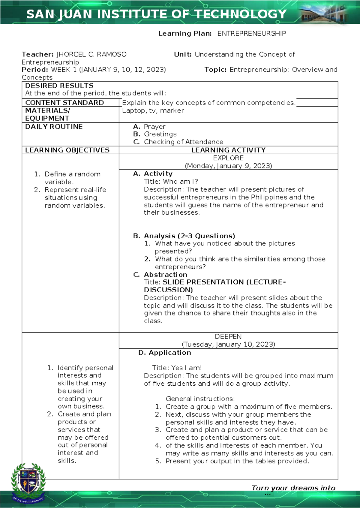 Entrepreneurship learning plan: Week 1 overview and activities - Studocu