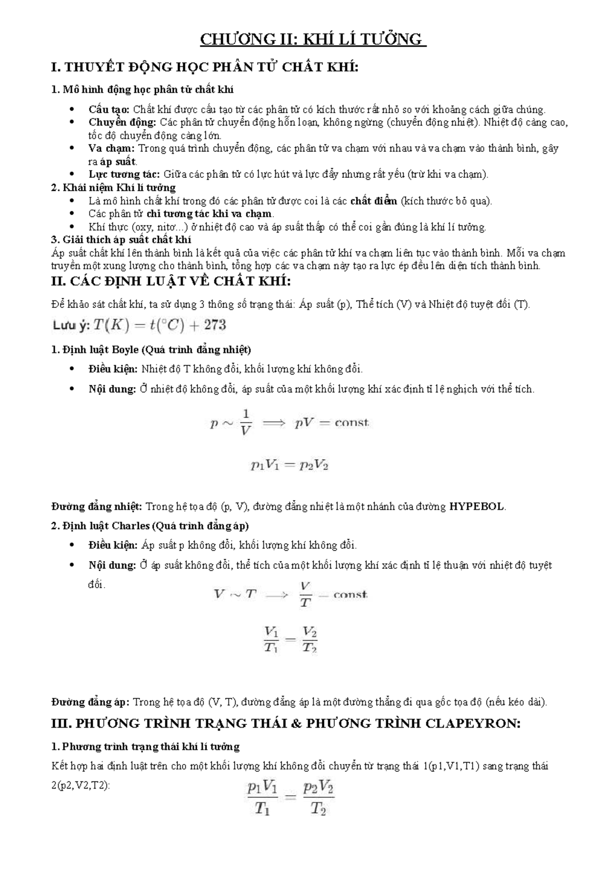 CHƯƠNG II: KHÍ LÍ TƯỞNG VÀ CÁC ĐỊNH LUẬT CHẤT KHÍ - Studocu