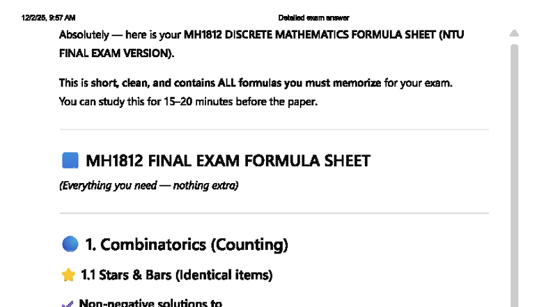 MH1812 FINAL EXAM DISCRETE MATH FORMULA SHEET - Studocu