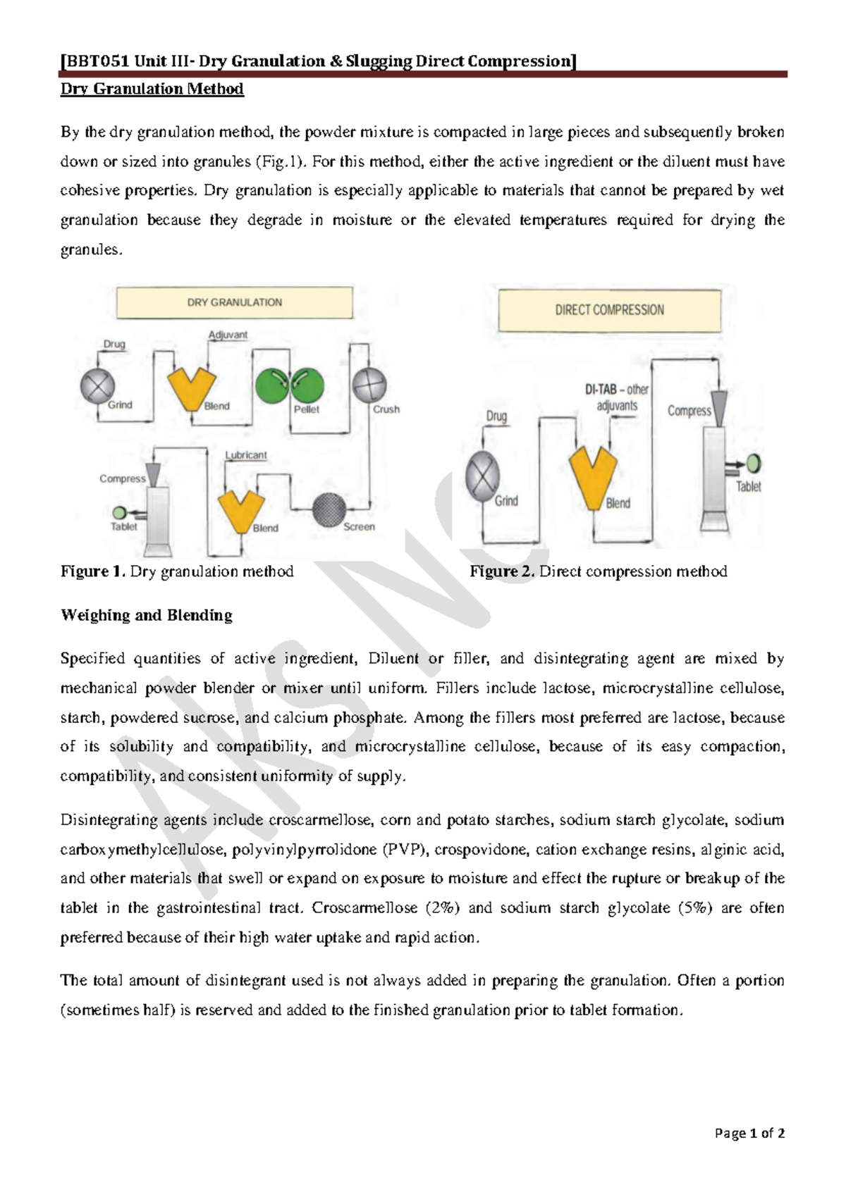 Pharma-BT BBT051 Unit-III Dry Granulation & Slugging Methods - Studocu