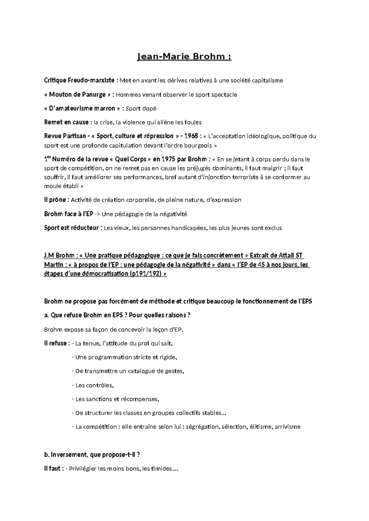 Titre: Notes sur Jean-Marie Brohm : Critique du Sport et Éducation ...